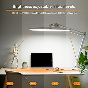 bemelux LED Desk Lamp with Clamp, Dimming Task Lamp for Reading Desktop Office Workbench Table Architect Sewing Study Home Craft, Bright 117PCS LEDs, 2200 Lumens 20 Inch Metal Swivel Arm Work Lamp