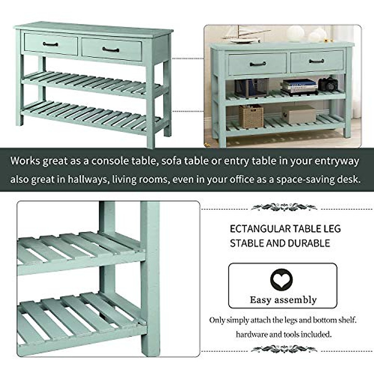 Retro Console Table Sofa Entryway Side Table Furniture with 2 Drawers and 2 Bottom Shelves for Living Room Home Decor