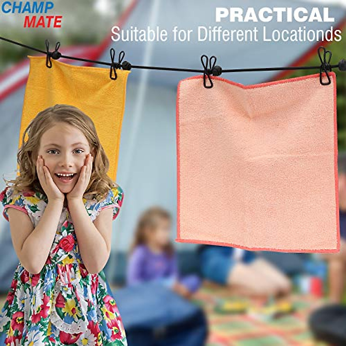 Champmate Portable Clothesline with 12 Clothespins Elastic Windproof Travel Stretchy Retractable Laundry Clothes Drying Line for Backyard Vacation Hotel Outdoor and Indoor Balcony (Black&Blue)