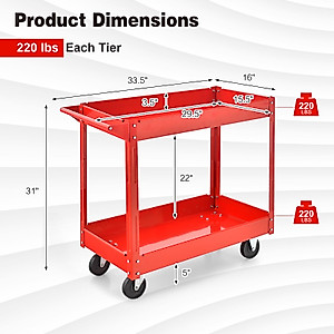 IRONMAX Utility Cart with Wheels, 2-Tier Heavy Duty Metal Rolling Cart w/ 3.5’’ Extra Deep Shelves, Steel Tool Service Push Cart for Mechanic Garage Warehouse Workshop Kitchen (Red)