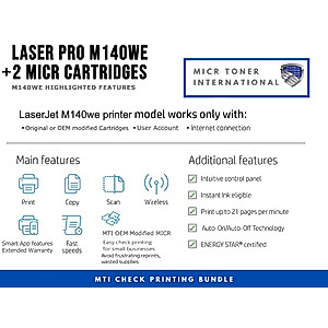 MTI M140we Laser MFP All-in-One Wireless Black & White Check Printer Bundle with 141A Starter MICR Toner, W1410A MTI Modified Magnetic Ink Cartridge, 100 Sheets Blank Check Paper