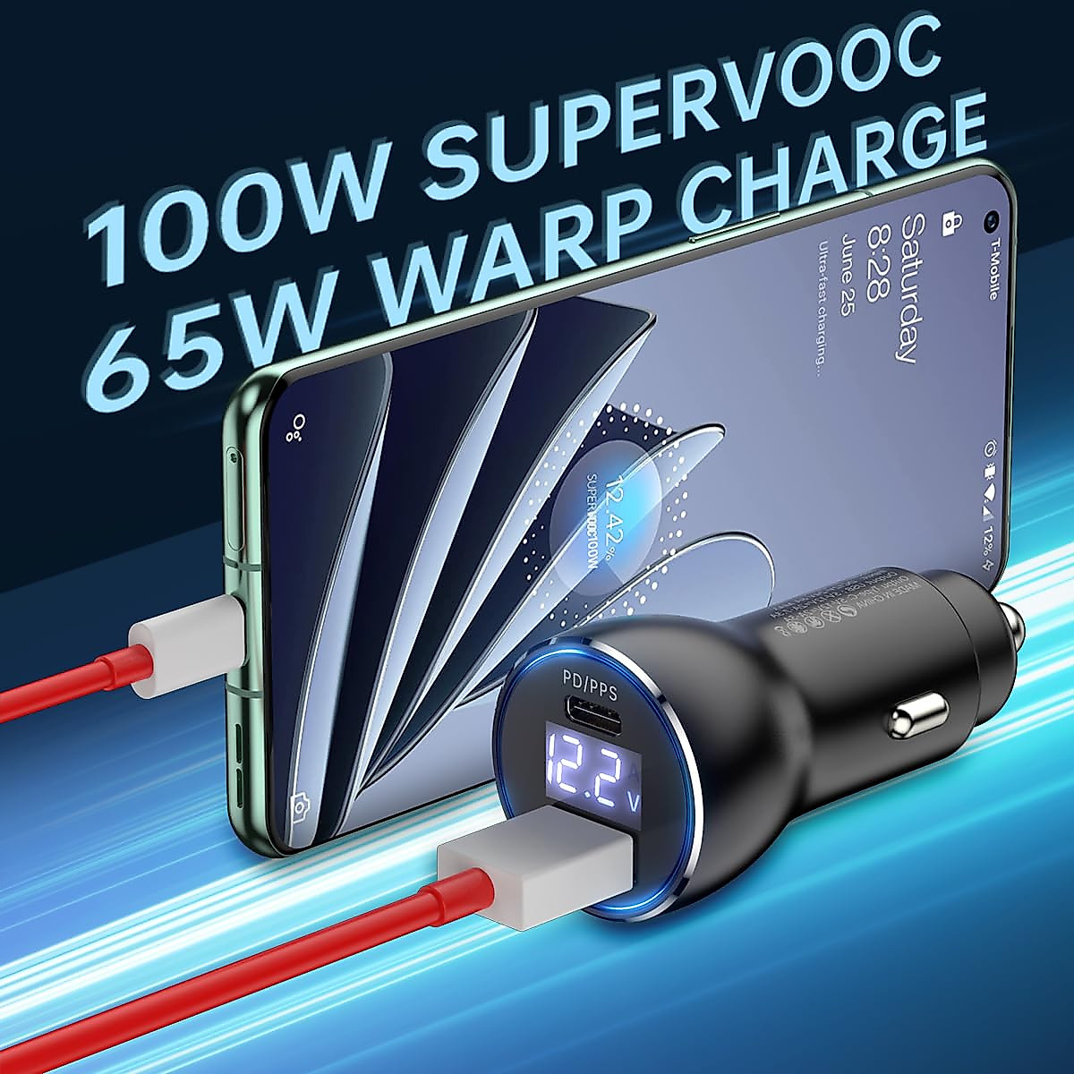 for Oneplus Car Charger 100W 80W SuperVooc Warp Charge 65W Car Charger for One Plus 13 12 13R 12R 11 10 Pro 9 10T 8T 8 7T 7 Open Pad Nord 2T CE 3 4 N20 N30 N100, 25W PD PPS USB C Port 3ft Fast Cable