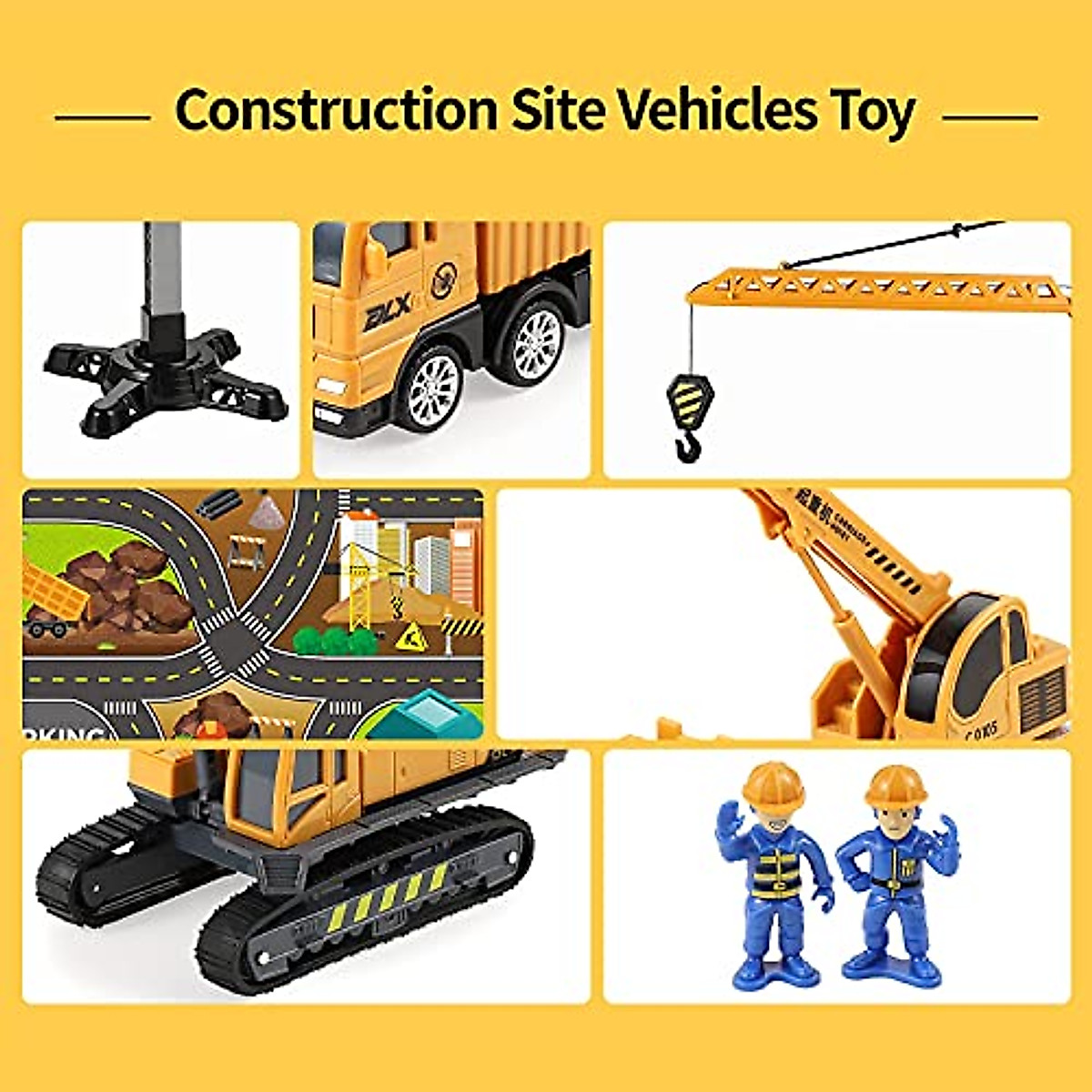 DOLIVE Construction Site Vehicles Toy with Mat, Crane Toy Tractor, Tower Crane Truck, Dump Trucks, Excavator, Cement Mixer Trucks, Kids Engineering Playset for 3+ Year Olds Boys Girls