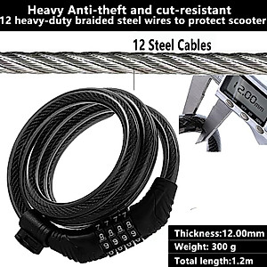 E Scooter Lock,Bike Lock Combination Lock Cable Compatible for Xiaomi M365/Max/GXL/Ninebot/Segway Scooter/Moto/Bicycle Lock 4ft Long/0.472In Scooter Anti-Theft Ideal Lock 4-Digit/12 Steel Cables Lock