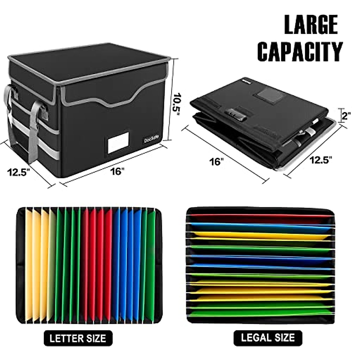 DocSafe File Box Fireproof Document Box with Lock,File Storage Organizer Box with Mesh Pockets,Collapsible Portable File Box Home Office File Cabinet with Handle for Hanging Letter/Legal Folder,Black