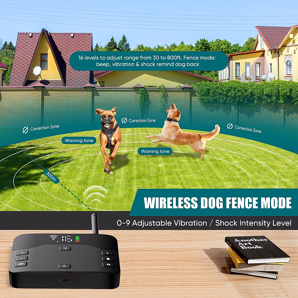 ABHY Wireless Dog Fence, Electric Fence System for 2 Dogs, Pet Perimeter Fence and Remote Training Collar 2-in-1,Adjustable Wireless Dog Collar,Suitable Dogs