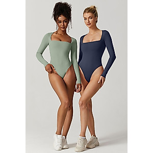 QINSEN Bodysuit for Women Long Sleeve Sexy Square Neck Double Lined Shirt Estate Blue M
