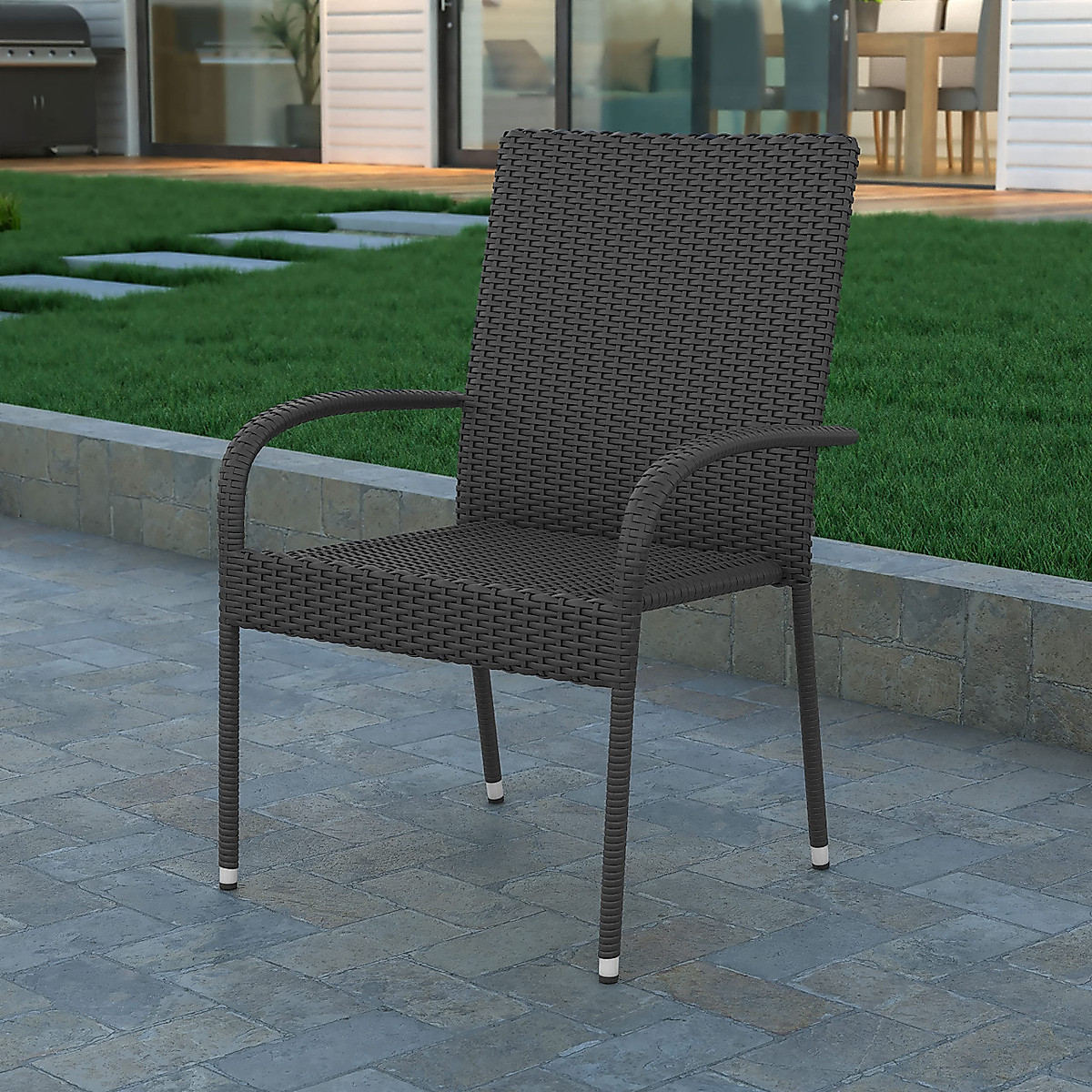 EMMA + OLIVER Sala Stacking All-Weather Patio Chair - Gray Woven Polyethylene Wicker - Powder Coated Steel Frame - for Indoor & Outdoor Use - Set of Four