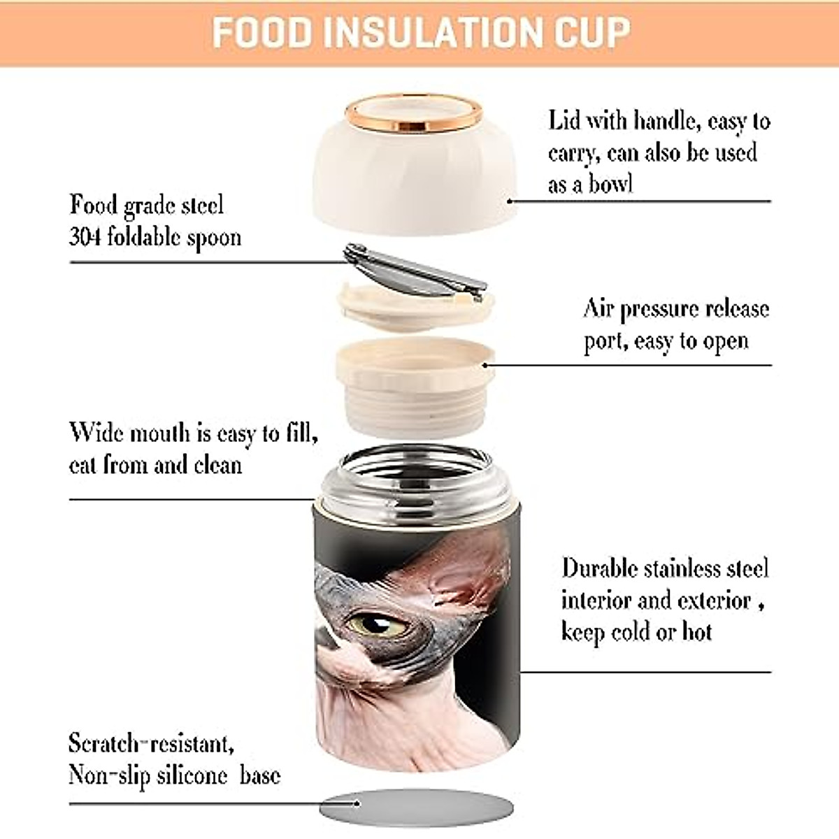 CUPADA Vivid Hairless Cat Food Jar, Cute Kitten Insulated Hot Food Jars Vacuum 17OZ with Folding Spoon for Work Trip Picnic Camping