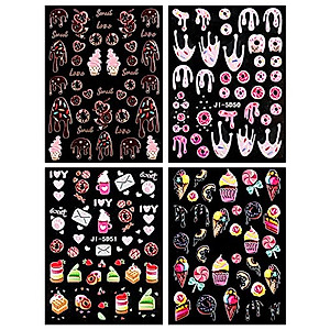 JMEOWIO 3D Embossed Cute Nail Stickers For Kids Nail Art Stickers Decals Self-Adhesive Pegatinas Uñas 5D Cake Nail Supplies Nail Art Design Decoration Accessories 4 Sheets