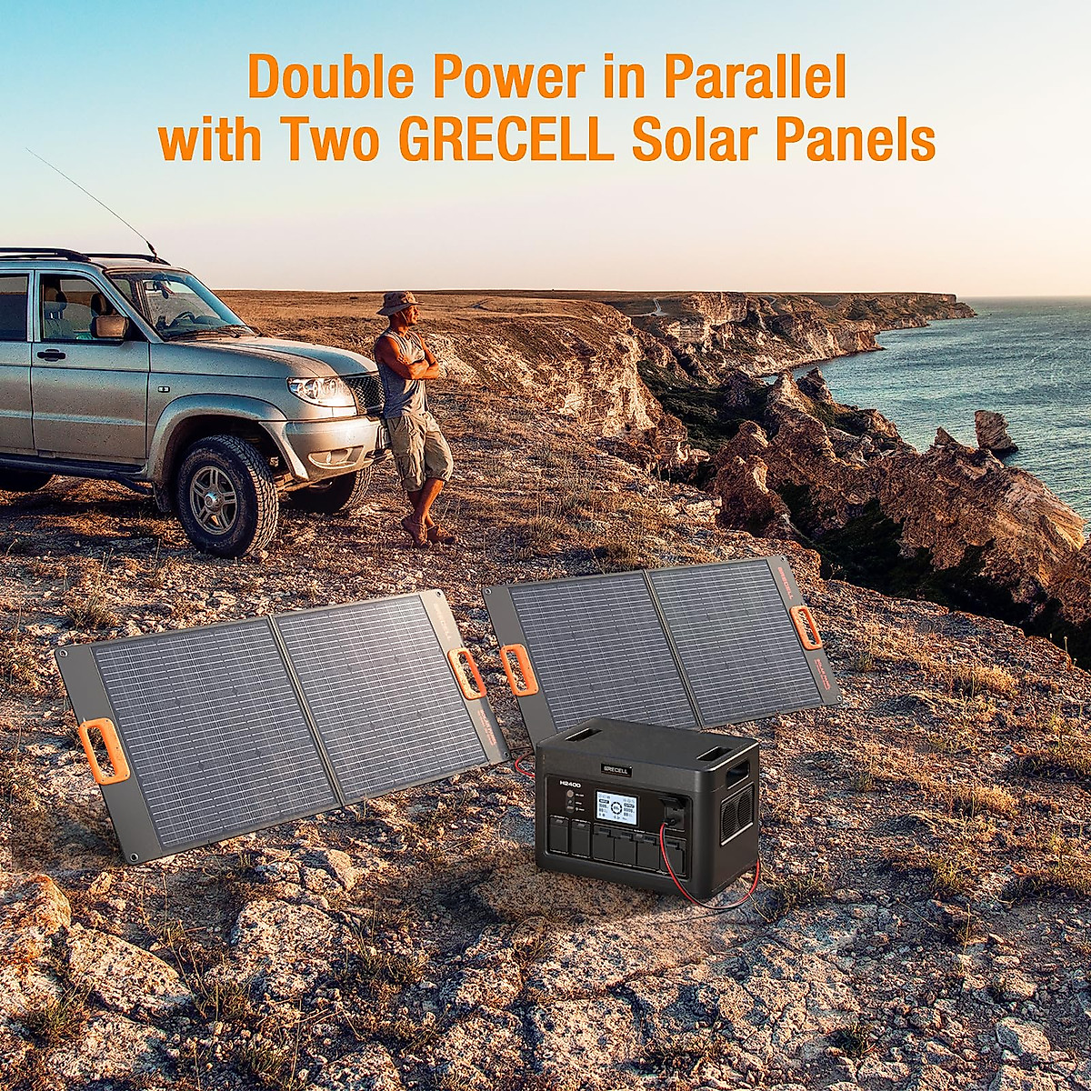 GRECELL Portable Power Station 2400W Solar Generator with 2 * 100W Solar Panel, 1843Wh UPS Backup LiFePO4 Battery Power Supply with 11 Outlets(4 2400W AC Outlets,2 PD100W) for Home CPAP Camping RV