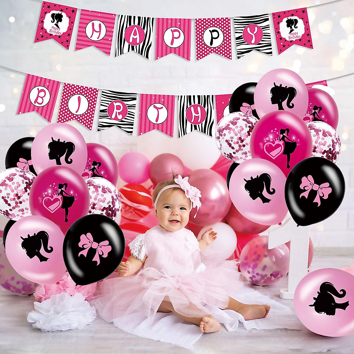 DPKOW Princess Balloons Pink Girls Balloons Hot Pink Latex Balloons Black Pink Confetti Balloon Bulk Cute Fairy Princess Party Decorations Supplies for Kids Girls Birthday Decor Baby Shower, 32pcs