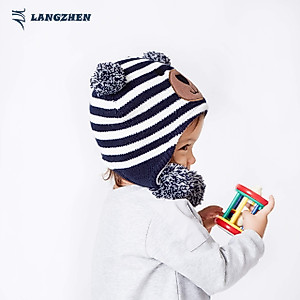 LANGZHEN Toddler Kids Infant Winter Hat,Earflap Knit Warm Cap Fleece Lined Beanie for Baby Boys (Bear -Navy Stripe, L(50-52CM/19.69"-20.47"))