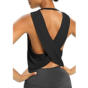 Bestisun Women Sleeveless Open Back Shirt Running Tops Backless Active Yoga Top Sports Workout Tanks Cropped Workout Tops for Women Black M