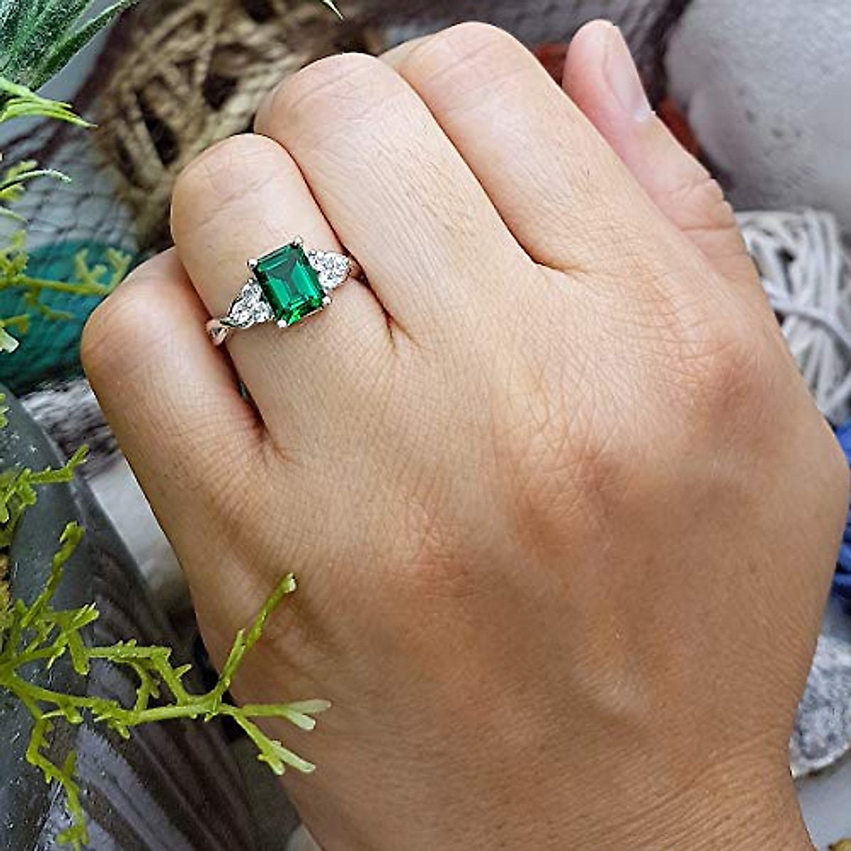Dazzlingrock Collection Sterling Silver 8X6 MM Lab Created Emerald & White Sapphire Engagement Ring, Size 8