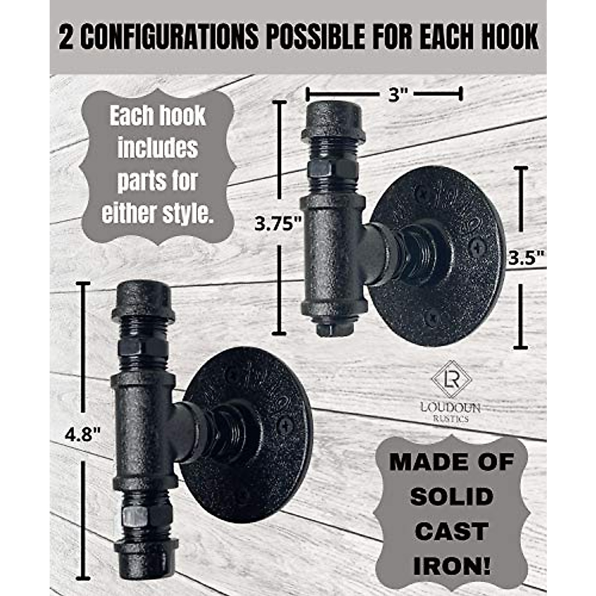 Loudoun Rustics Industrial Hooks for Bathroom Robe. Wall Hooks for Hanging Towels, Vintage Style Cast Iron Pipe Wall Mounted Heavy Duty Farmhouse DIY Coat Rustic Hook (Black (Set of 4))