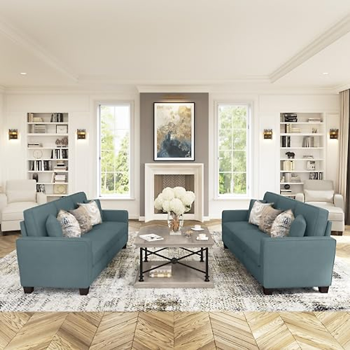 Bush Furniture Stockton U Shaped Sectional Couch, 113W, Turkish Blue Herringbone