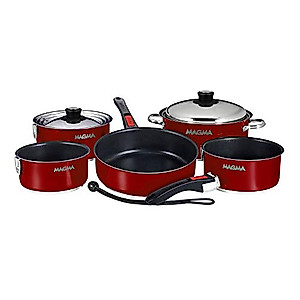 Magma Products, A10-366-MR-2-IN Gourmet Nesting 10-Piece Red Stainless Steel Induction Cookware Set with Ceramica Non-Stick