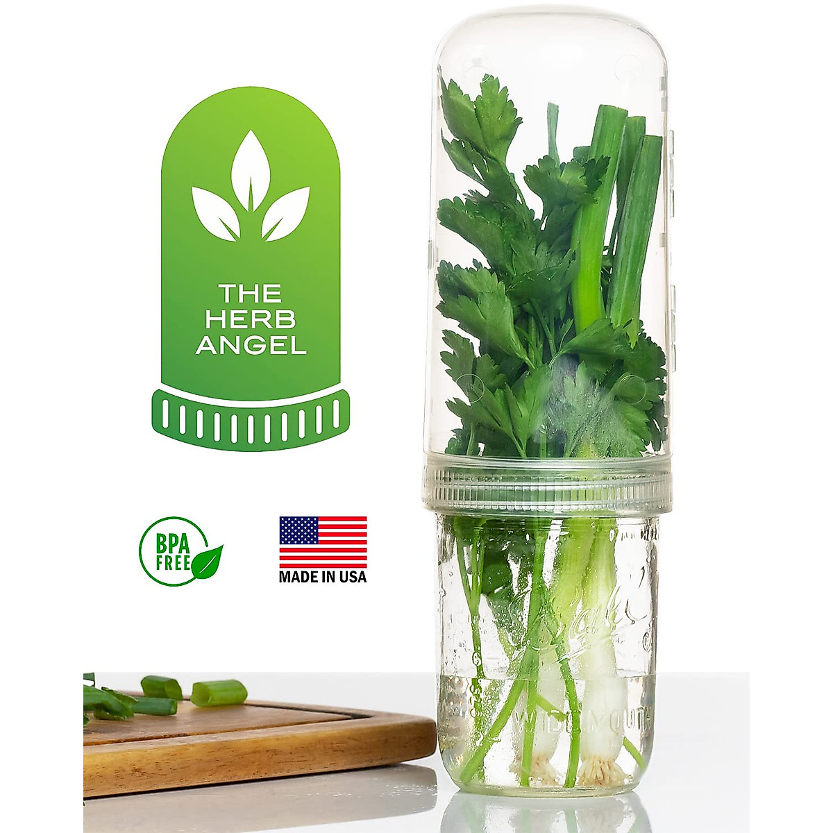The Herb Angel Mason Jar Herb Lid - Fresh Herb Keeper - Herb Saver Pod for Cilantro, Parsley, Basil, Chives, Mint and More - Herb Storage Container for Refrigerator