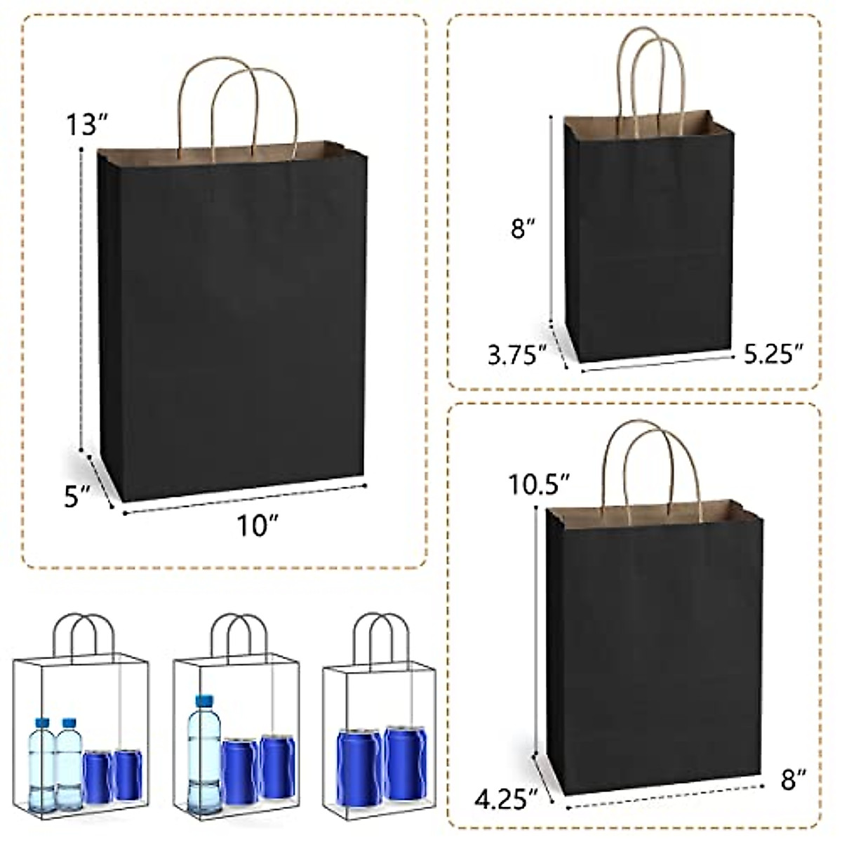 Poever Black Kraft Paper Bags with Handles 5x3x8 & 8x4x10 & 10x5x13 30 PCS, Gift Bags Shopping Bags Goody Bags Recyclable for Birthday Party Takeouts Retail Grocery