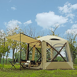 Instant Cabin Tent Portable Large Pop Up Tent Easy Setup for Family Camping Hexagon Restaurant Tent with Wind Rope/Ground Pegs/Door Poles/Storage Bag