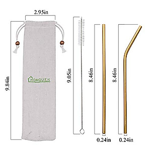 18 Piece Gold Stainless Steel Straws, 8.5 '' Reusable Drinking Straws,with Portable pouch,Suitable for wine and cold drinks (8 Straight/8 Bent/2 Brushes)