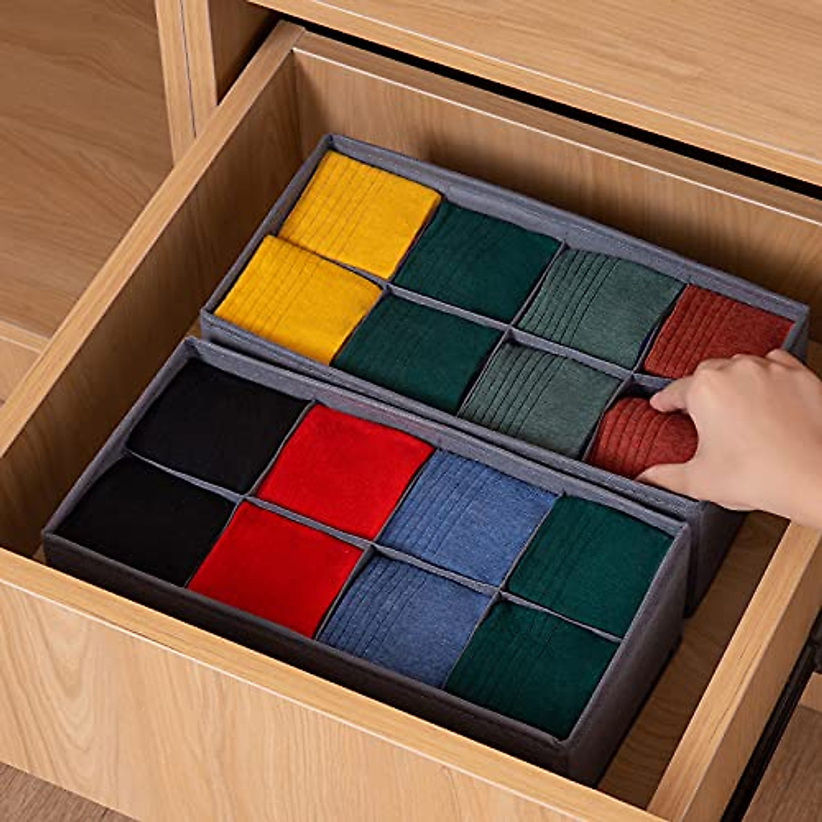 Qozary 3 Pack Sock Underwear Drawer Organizer Dividers, Non-Woven Fabric Collapsible Cabinet Closet Storage Boxes for Clothes, Socks, Lingerie, Underwear, Tie, Belt, Baby, Bedroom (Gray, 8 Cells)