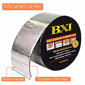 BXI Flashing Roll Tape Membrane, 4 inches X 32 Feet Thick Waterproof Patch Seal Tape, Self-Adhesive SBS Modified Rubberized Asphalt, Deck Seam Joist Leak Sealant for Roof Window Gutter Repair Outdoor