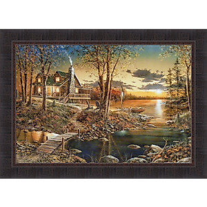 Comforts Of Home by Jim Hansel 24x33 Log Cabin Home Lake Boat Sunset Framed Art Print Wall Décor Picture