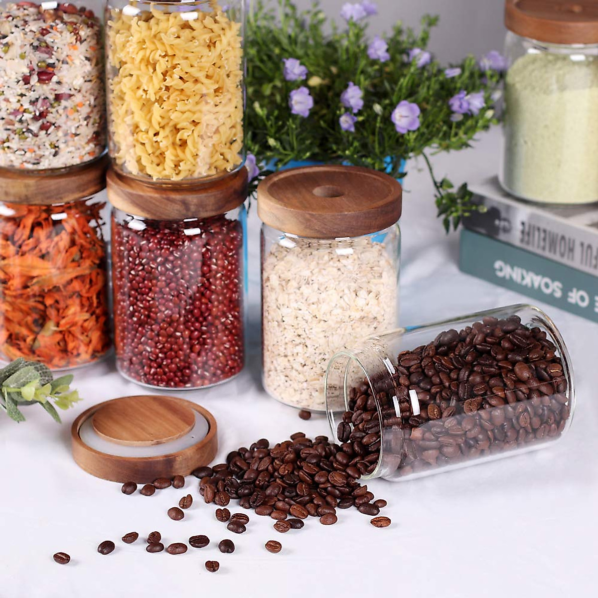 SAIOOL Stackable Kitchen Canisters Set of 8,High Borosilicate Glass Cylinder Airtight Food Storage,Durable and sort out the tea, flour, candies, grain easily and clearly