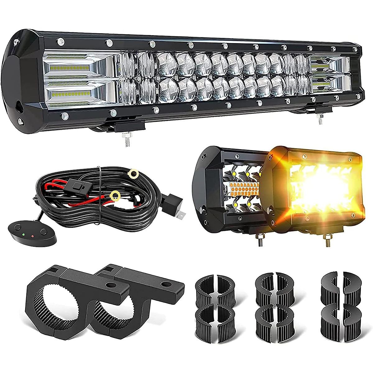 ASLONG 20 Inch LED Light Bar Combo Beam Offroad Driving Light + 2x 4inch White/Amber Yellow LED Pods Strobe Lights + Tube Clamp Mounting Bracket UTV Flag Mount Whip Light Mount w/Wiring for Pickup 4WD