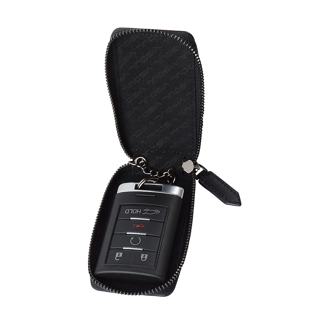 VISOUL Car Key Case, Italy Leather Car Smart Key Fob Zipper Case with Keychain and Metal Hook (A02-Black)