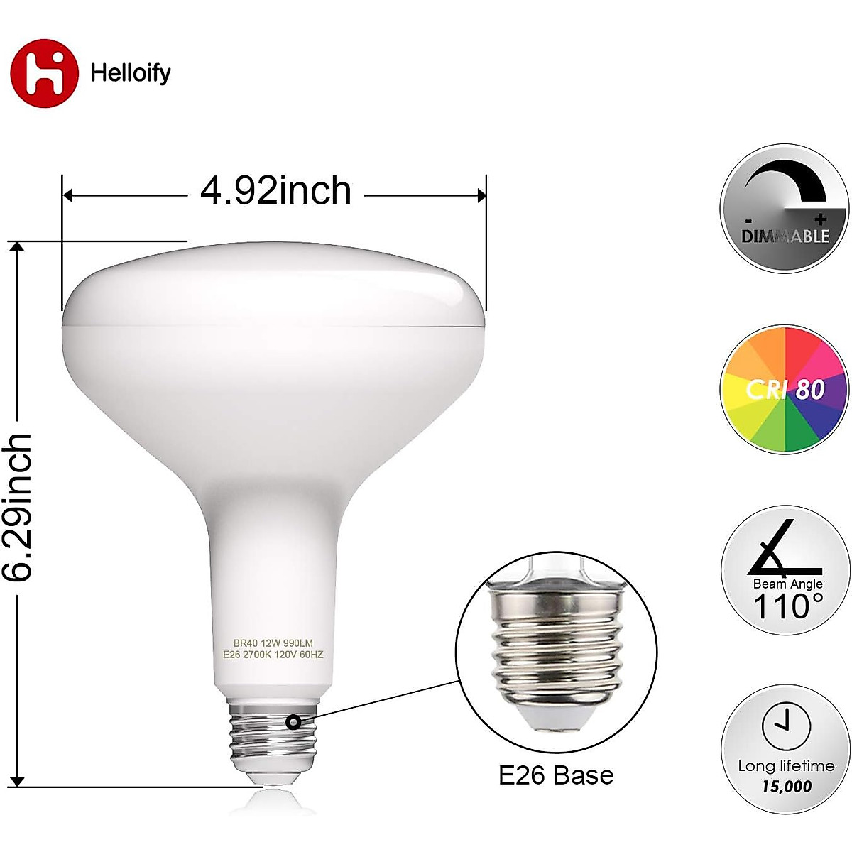 helloify Dimmable BR40 LED Flood Light Bulb 12W, 75W Equivalent, 2700K Soft White Light, Energy Saving Lamp for Office/Home, E26 Screw Base, 6PCS