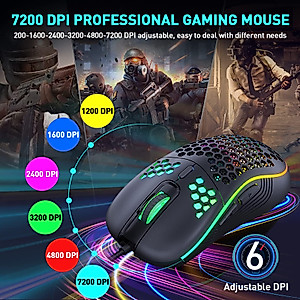 VEGCOO Honeycomb Wired Gaming Mouse, Ergonomic and Lightweight Computer Mouse with 6 Level DPI, Colorful Led Lights, 6 Programmable Buttons Gaming Wired Mice for Windows PC & Laptop Gamers (C32 Black)