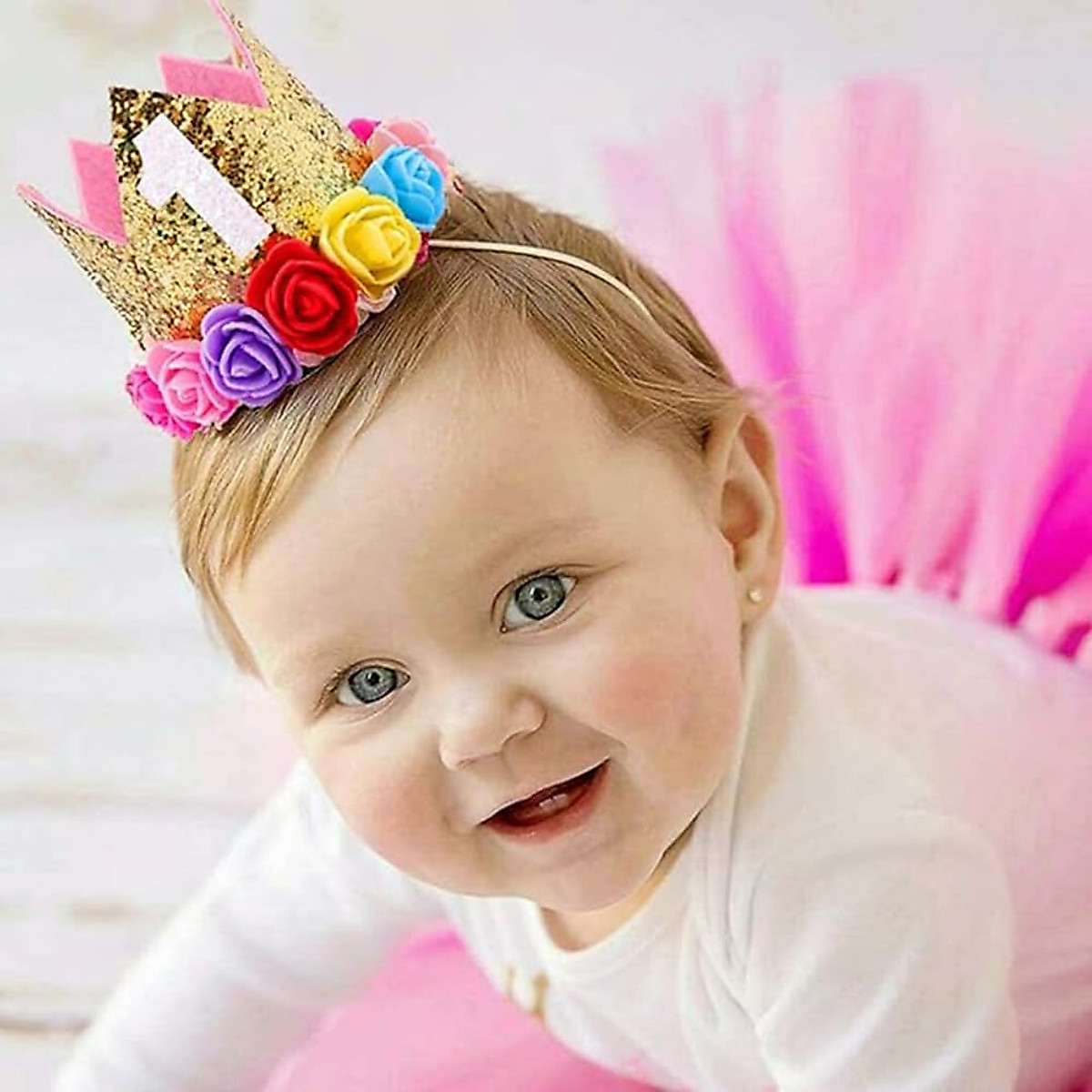 ipalmay Baby Princess Glitter Pink Crown, 3st Birthday Party Hat Pink with Mix Rainbow Color Flowers