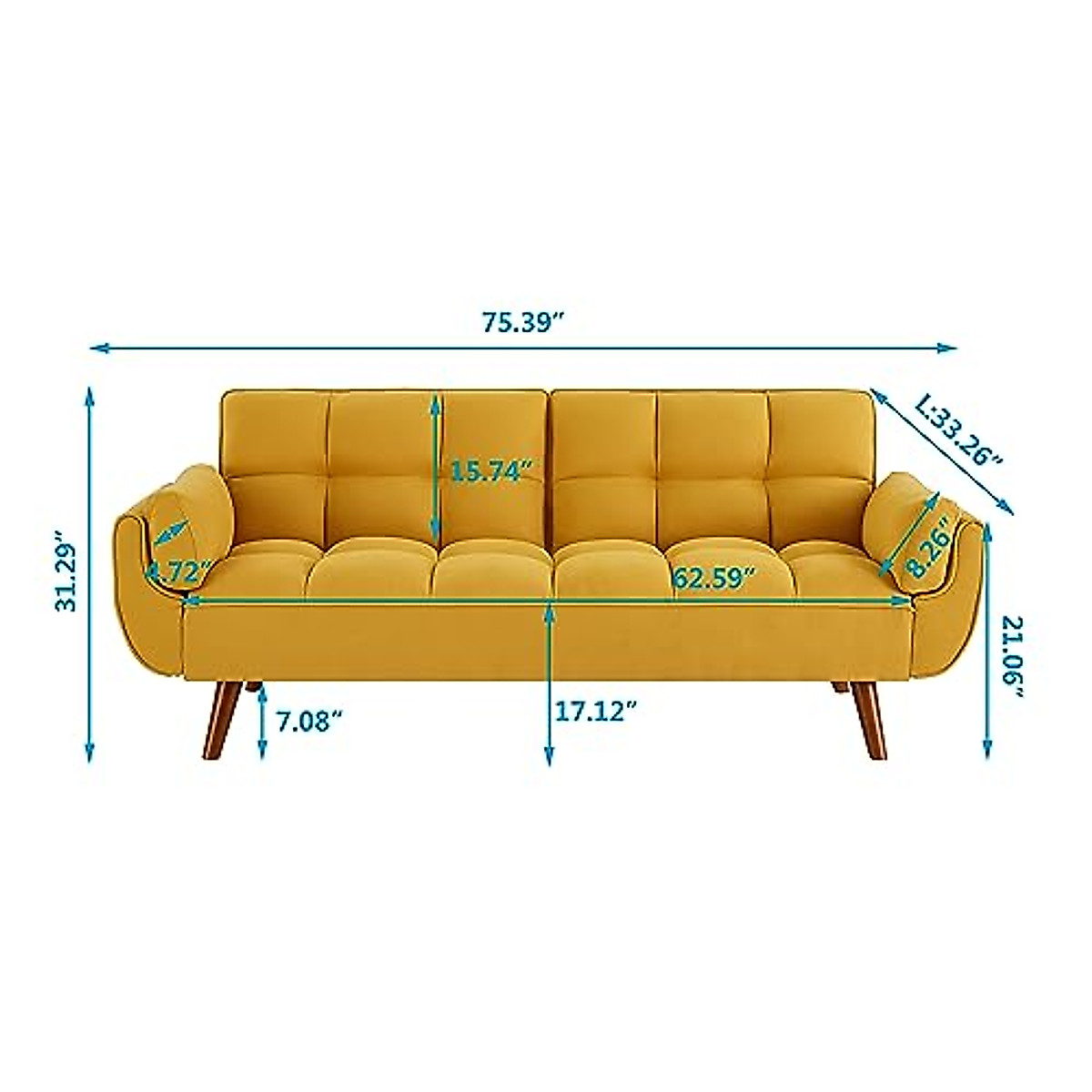 Verfur Futon Sofa Bed Modern Linen Fabric Couch Convertible Folding Recliner Loveseat for Living Room with 2 Arm Pillows and Strudy Wood Legs, Yellow