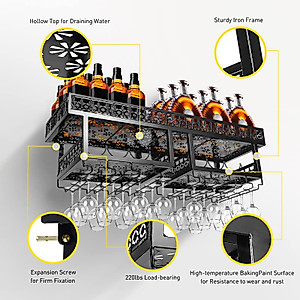 Upyouths 2 Tier Wall Mounted Wine Rack, Metal Hanging Wine Rack, Storage Shelf Glass Hanging Holder, Hanging Floating Bar Liquor Shelves, Bottle Holder Storage Shelves Glass Rack