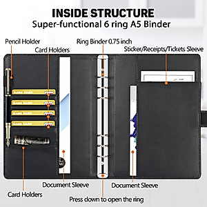 Toplive A5 Notebook Binder 6 Ring Refillable Binder, PU Leather Planner Binder Personal Budget Binder Organizer Cover with Magnetic Closure for A5 Filler Loose Leaf Paper, Matte Black