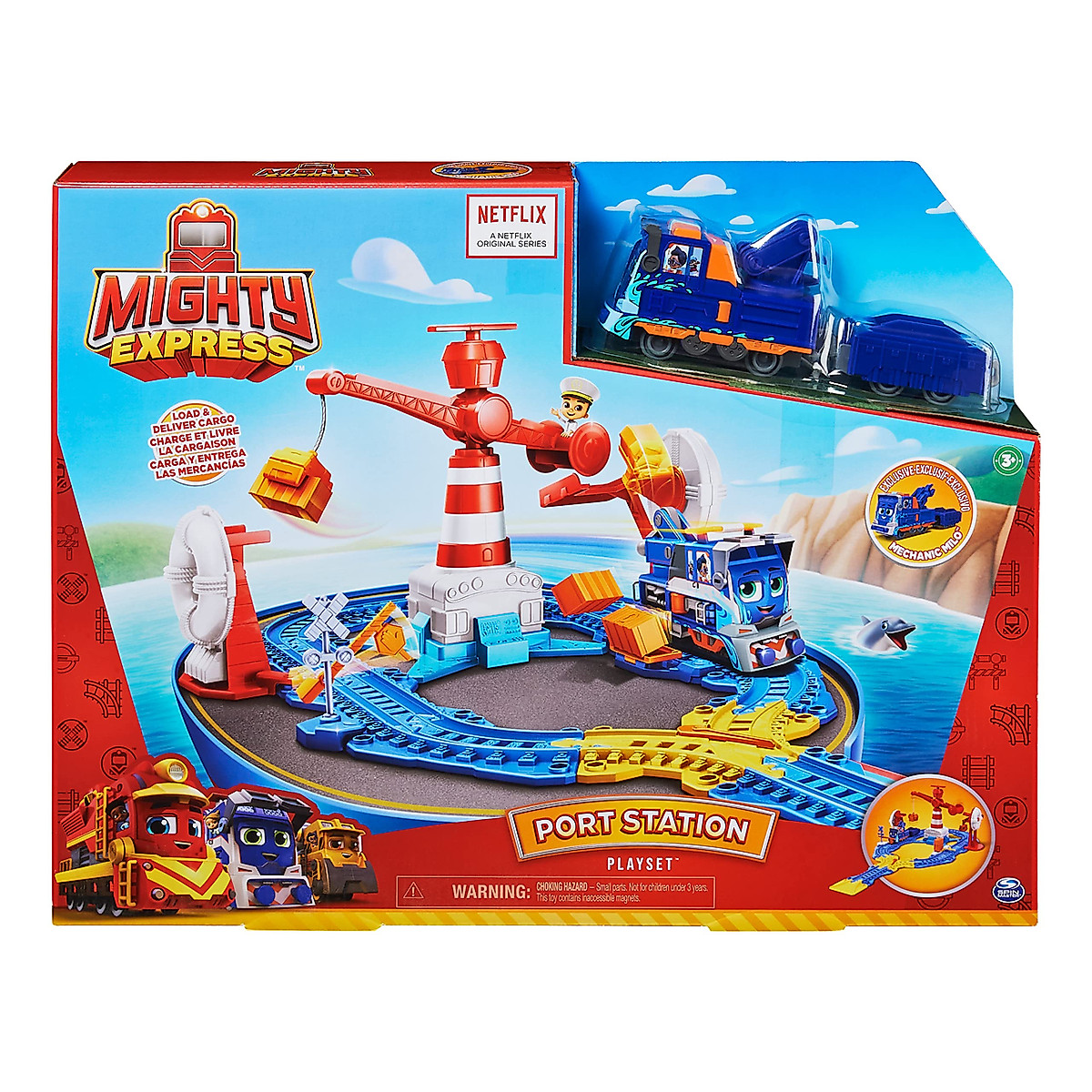 Mighty Express, Port Station Playset with Exclusive Mechanic Milo Toy Train and Magnetic Crane