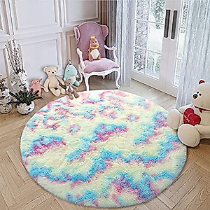 ST. BRIDGE Soft Round Rainbow Rug for Girls Room, Fluffy Circle Rug for Kids Room Decor, Indoor Modern Anti-Skid Fuzzy Nursery Mats, Shaggy Fur Area Rugs for Living Room Bedroom Plush Carpet, 4 Feet