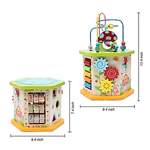 LAVIEVERT 9-in-1 Wooden Play Cube Activity Center Multifunctional Bead Maze Shape Sorter Educational Toys Game for Toddlers & Kids