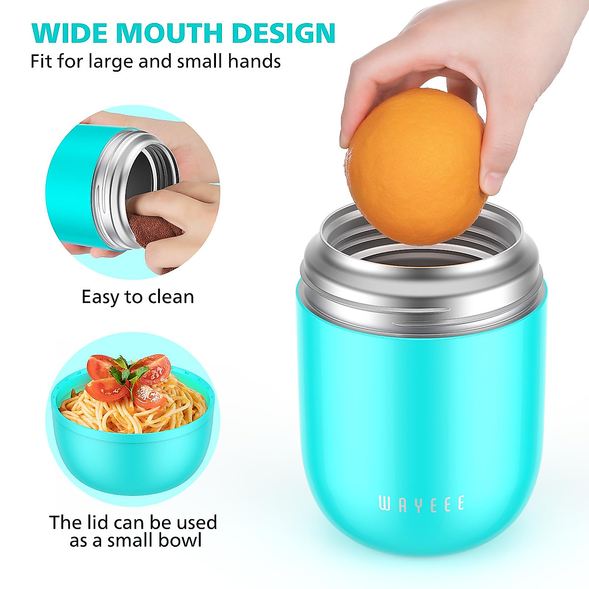 Insulated Food Jar WayEee Vacuum Bento Box Lunch Containers 16 oz for Kids Adults, Stainless Steel Leak Proof Wide Mouth Food Soup Thermos with Spoon Keeps Food Hot Cold for School Travel Picnic -Blue
