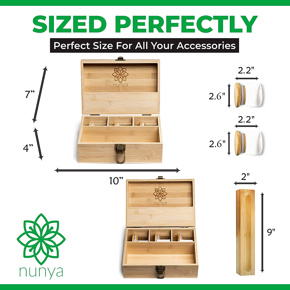 Improved. Nunya Large Storage Box for Herbs with Accessories, a Storage Container with Accessories, 5 pc kit w/ 3 Glass Jars and Rolling Tray