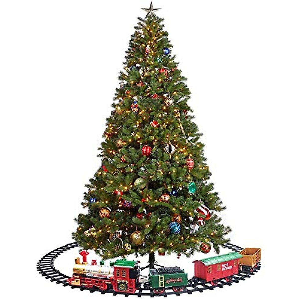 deAO Train Set for Christmas Tree,Classical Christmas Train Set with Headlight, Realistic Sounds, 4 Cars Carriage and Tracks, Best Gift for Christmas Décor Under The Christmas Tree