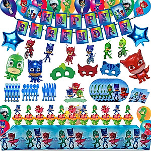 129pcs Pj-Masks Birthday Party Supplies Including Banners, Tablecloths, Cutlery, Spoons, Plates, Napkins, Hanging Swirls, Balloons, Cake Toppers, Cupcake Toppers, Character Foil Balloons