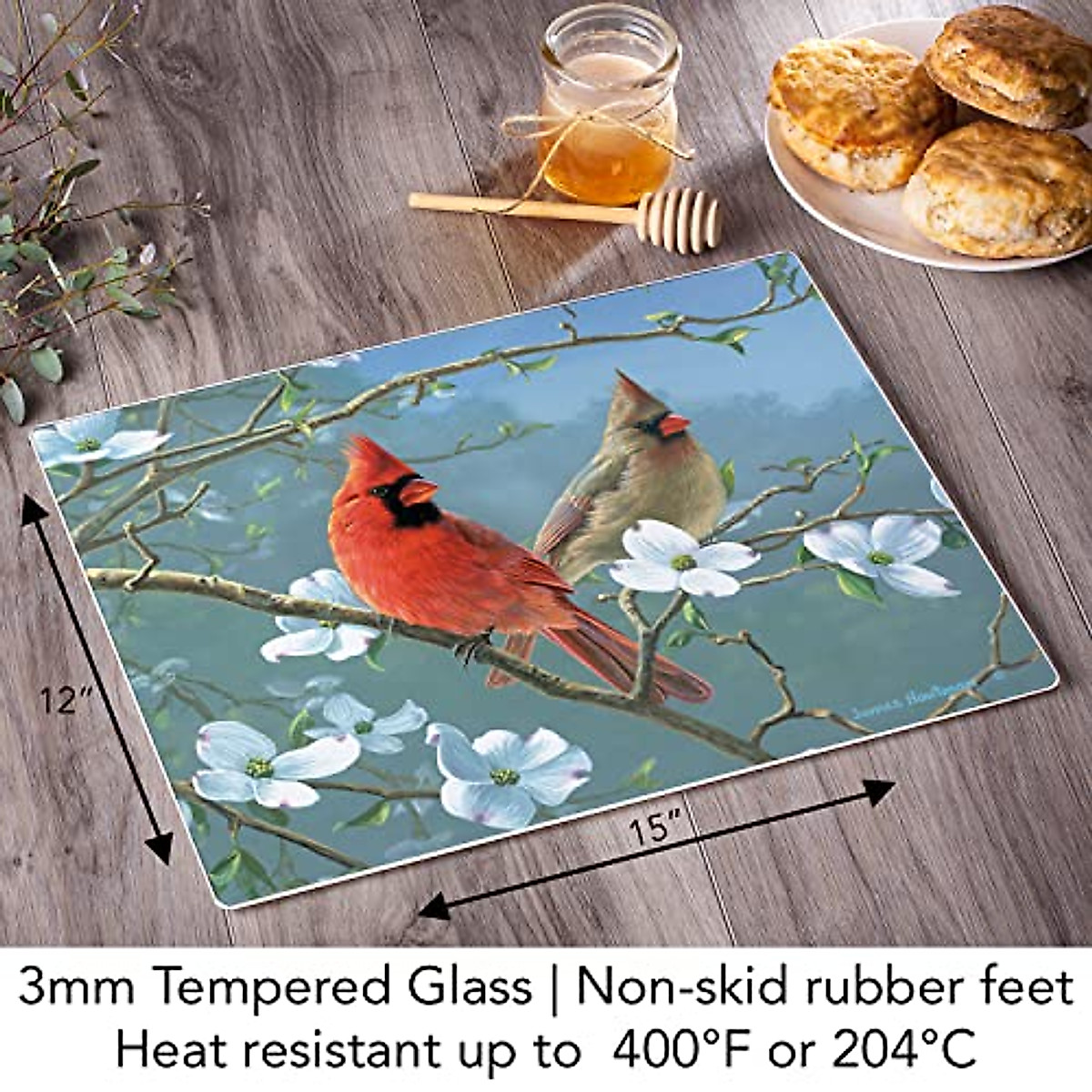 CounterArt Beautiful Songbirds Cardinal 3mm Heat Tolerant Tempered Glass Cutting Board 15” x 12” Manufactured in the USA Dishwasher Safe