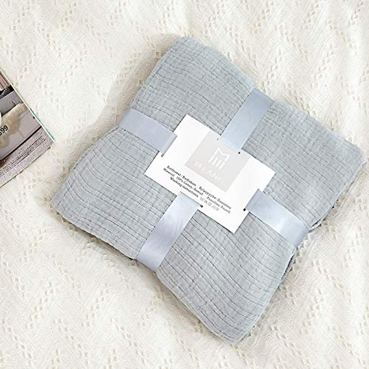 Cotton Muslin Throw Blanket for Adults Queen 78" x 90" Lightweight 100% Cotton Blankets 4 Layer Cozy Wrinkled Super Soft for Bed,Couch & Sofa,All Season Bedding, Cyan