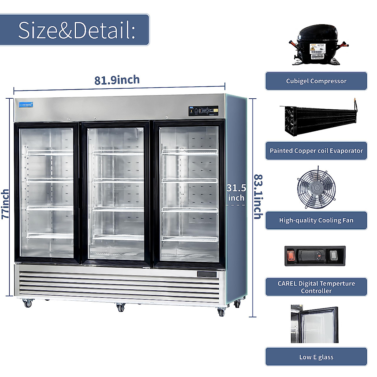 ICECASA 82" W Commercial Display Refrigerator 3 Glass Door Merchandiser Reach-in 72 Cu.ft Stainless Steel Display Refrigerator Fan Cooling for Restuarant, Bar, Shop, etc