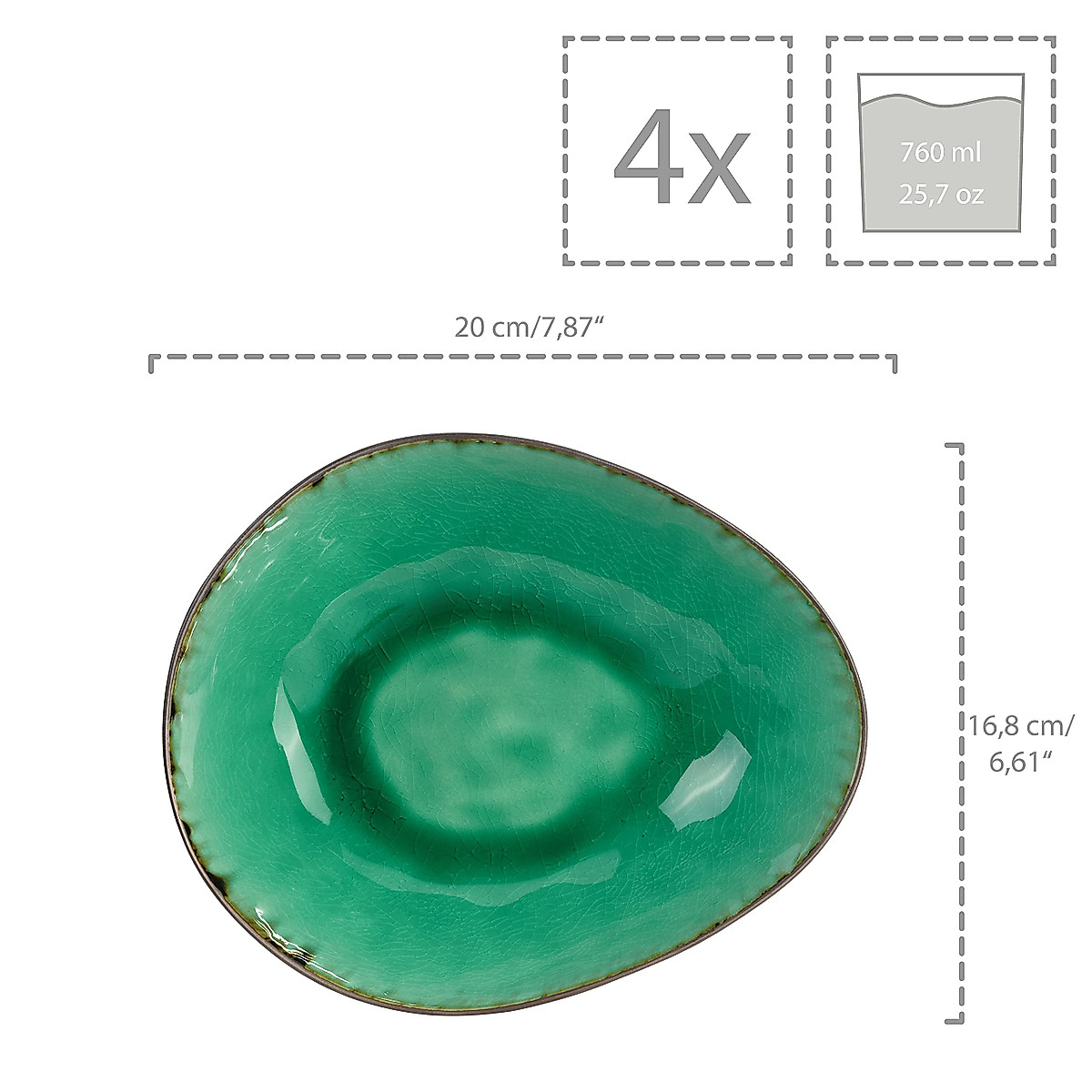 Sänger | Salad bowl Palm Beach 4 pieces, bowl for salad 4 people, stoneware tableware set for salad, handmade salad plate dishwasher safe multifunctional, salad plate green with black accents | 760ml