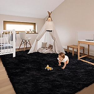Soft Black Rugs for Bedroom Living Room, 4x6 Feet Modern Indoor Fuzzy Shaggy Area Rug, Non-Slip Fluffy Furry Rug for Nursery Kids Room Dorm Room Home Decor, High Pile Plush Floor Carpet